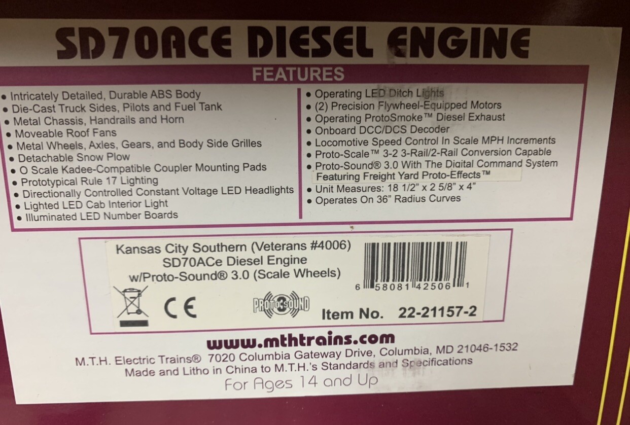 2-RAIL MTH PREMIER KANSAS CITY SOUTHERN SD70ACE DIESEL ENGINE 22-21157 ...