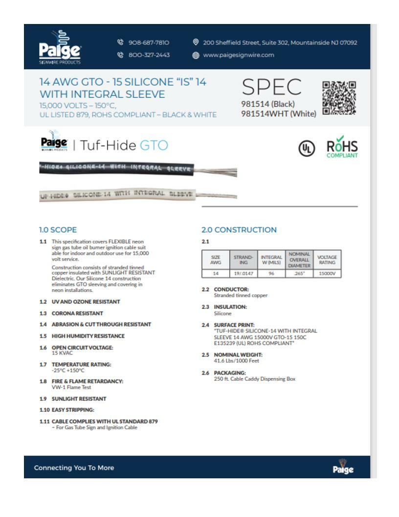 NEON, BEER, SIGN, TRANSFORMER WIRE, GTO, SILICONE, BLACK, 15000V 2-5 ...