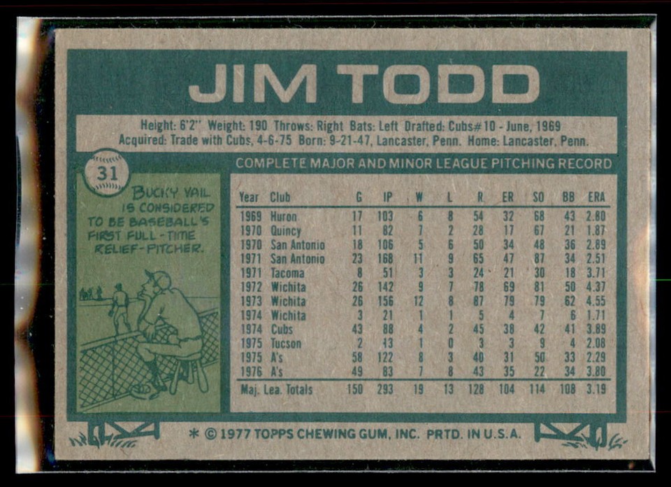 1977 Topps Jim Todd #31 Oakland Athletics | eBay