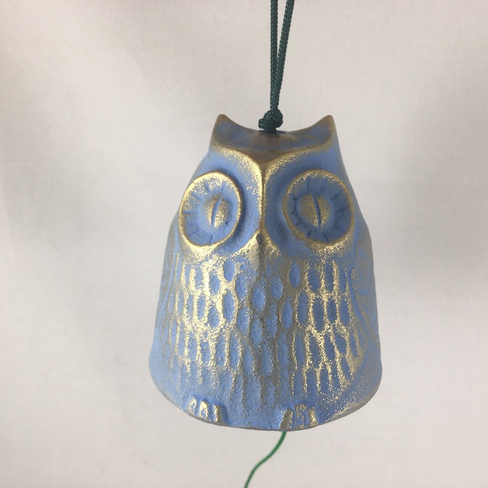 Japanese Wind Chime Furin Cast Iron Gold/Blue Owl Fukuro Made in Japan ...