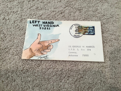1977 LEFT HAND #2, W.V. : Signed FOLK ART WATERCOLOR Postal Cover ...