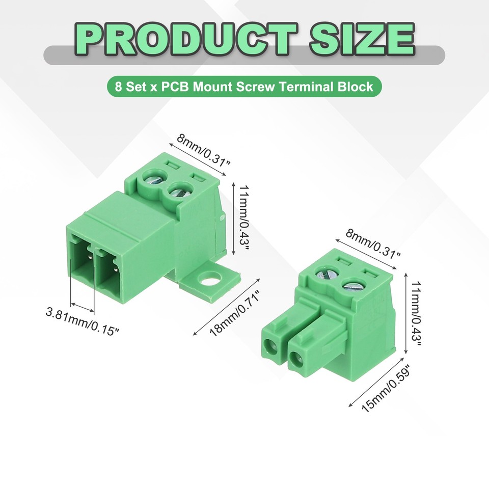 8 set 2 Pin Screw Terminal Block Connectors, 3.81mm PCB Mount Screw ...