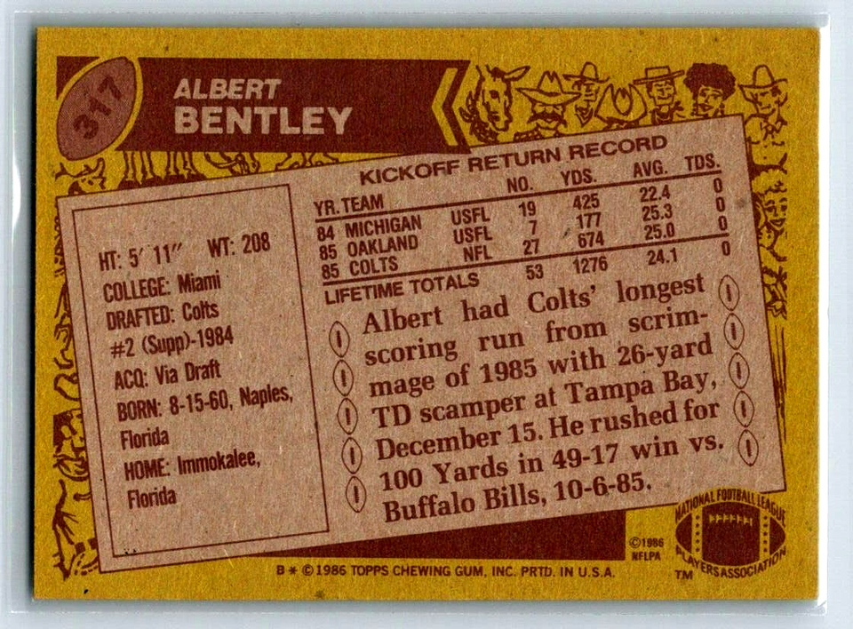 1986 NFL Topps Albert Bentley #317 Indianapolis Colts 86-TFBC | eBay