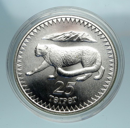 1987 MONGOLIA Endangered WWF Snow Leopard Genuine Silver 25 Togrog Coin ...