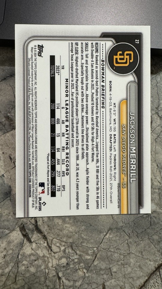 2024 Bowman Chrome Mojo Jackson Merrill Pink Fuschia 56/199 Rookie #27 ...