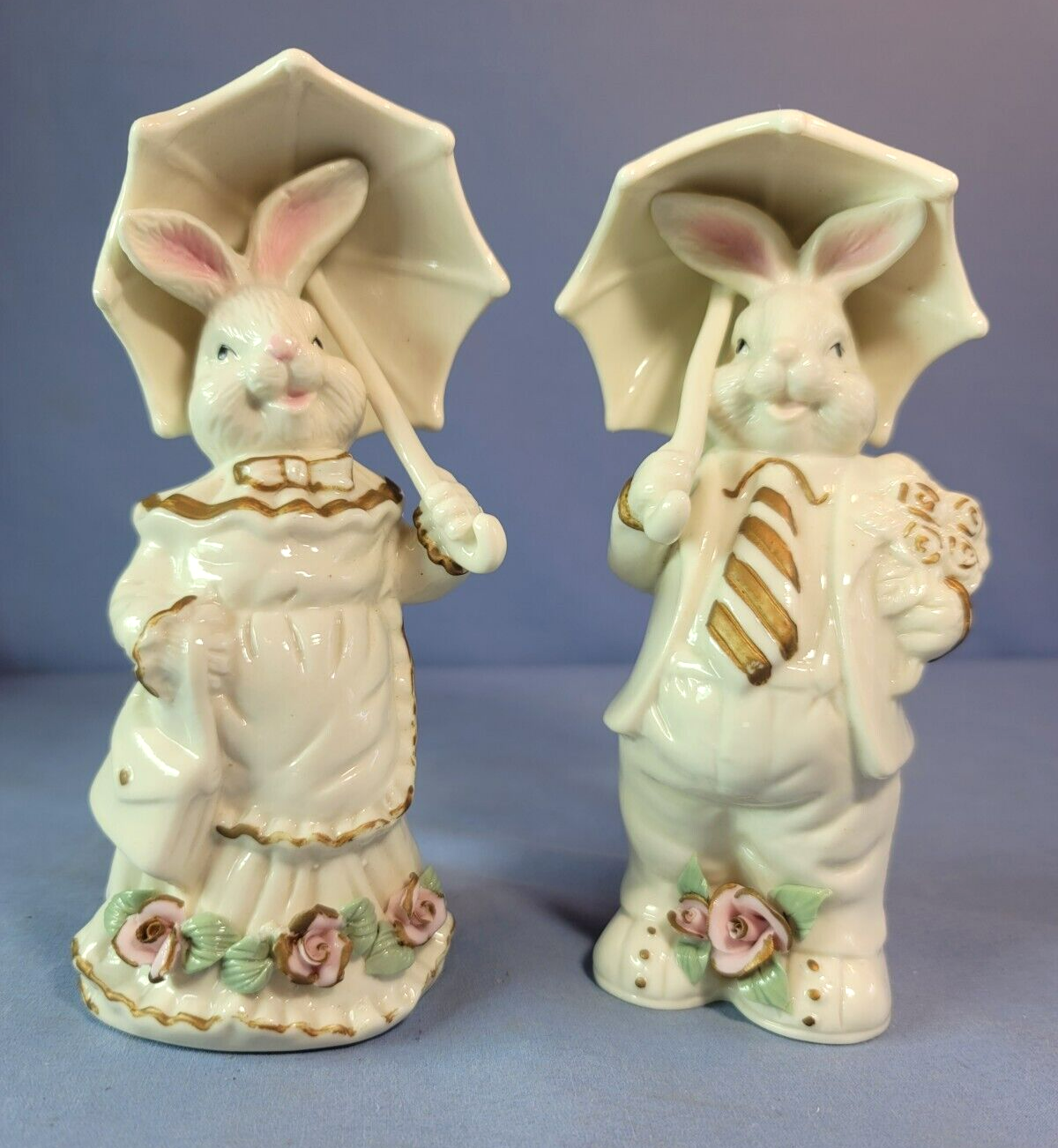 Bunny Rabbit Figurines w/Umbrella Parasol Flowers Vintage Easter Spring ...