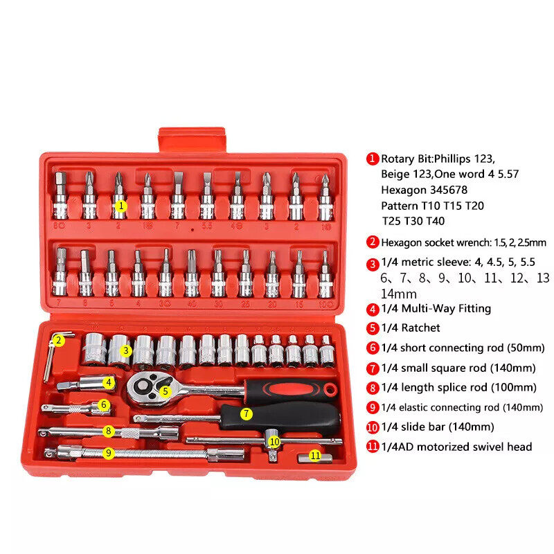 46Pcs Socket Set Car Repair Tool Ratchet Torque Wrench Kit 1/4" Drive with Box | eBay