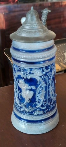 Antique German Beer Stein Blue & Gray Molded Stoneware & Pewter | eBay