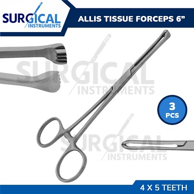 3 Pcs Allis Tissue Forceps 6" 4 x 5 Teeth Surgical Stainless Steel ...