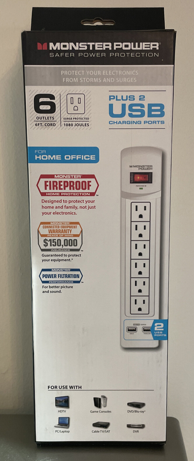 One Monster Power Surge Protector 6 Outlets with 2 USBs & 6ft Cord ...