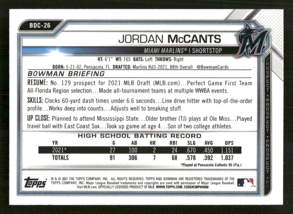 2021 Bowman Draft #BDC-26 Jordan McCants Chrome Miami Marlins | eBay