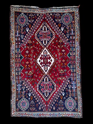 Antique Original Qashqai Handmade Red Navy Ivory Wool Veg Dye Shira z ...