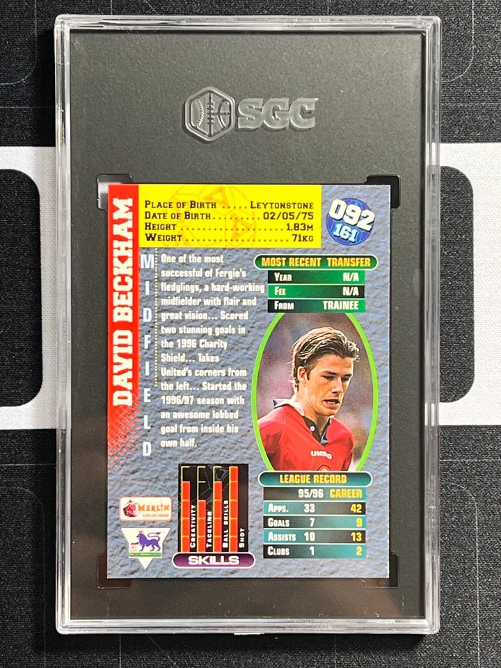 David Beckham Rookie RC 1996-97 Merlin Premier Gold SGC 9 #092 Man Utd ...