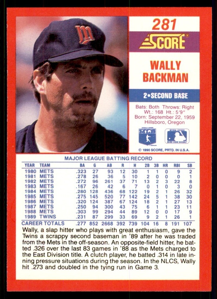 1990 Score Wally Backman Baseball Cards #281 | eBay