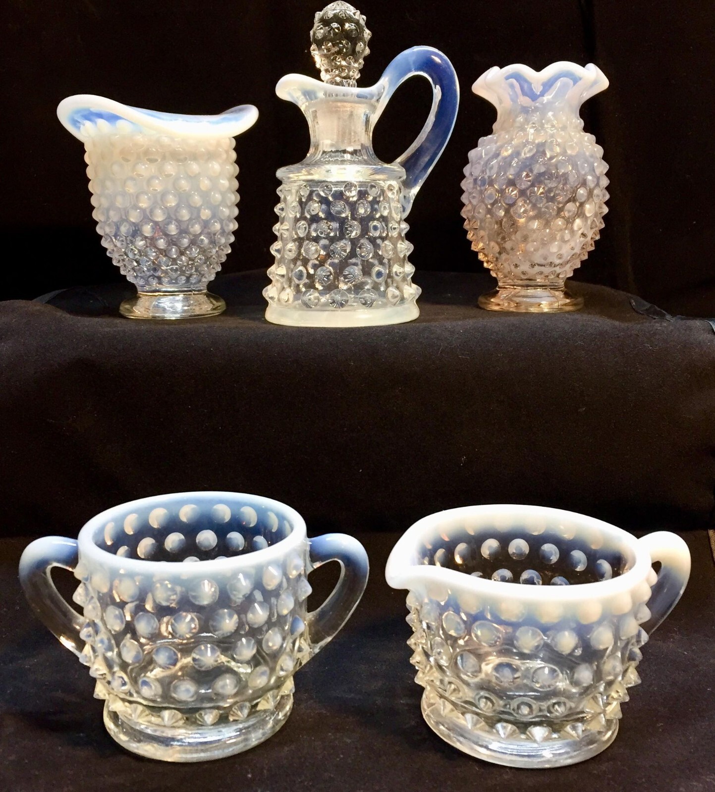 Vintage Fenton Moonstone Opalescent Hobnail Glass 5 Pc Set | eBay