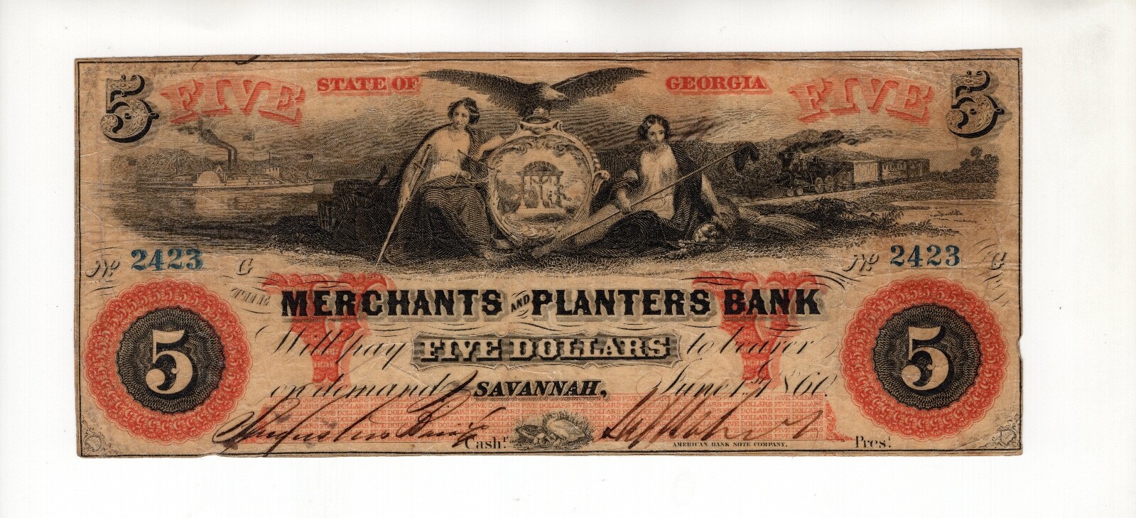 1860 $5 The Merchants and Planters Bank Savannah, GA - VF | eBay