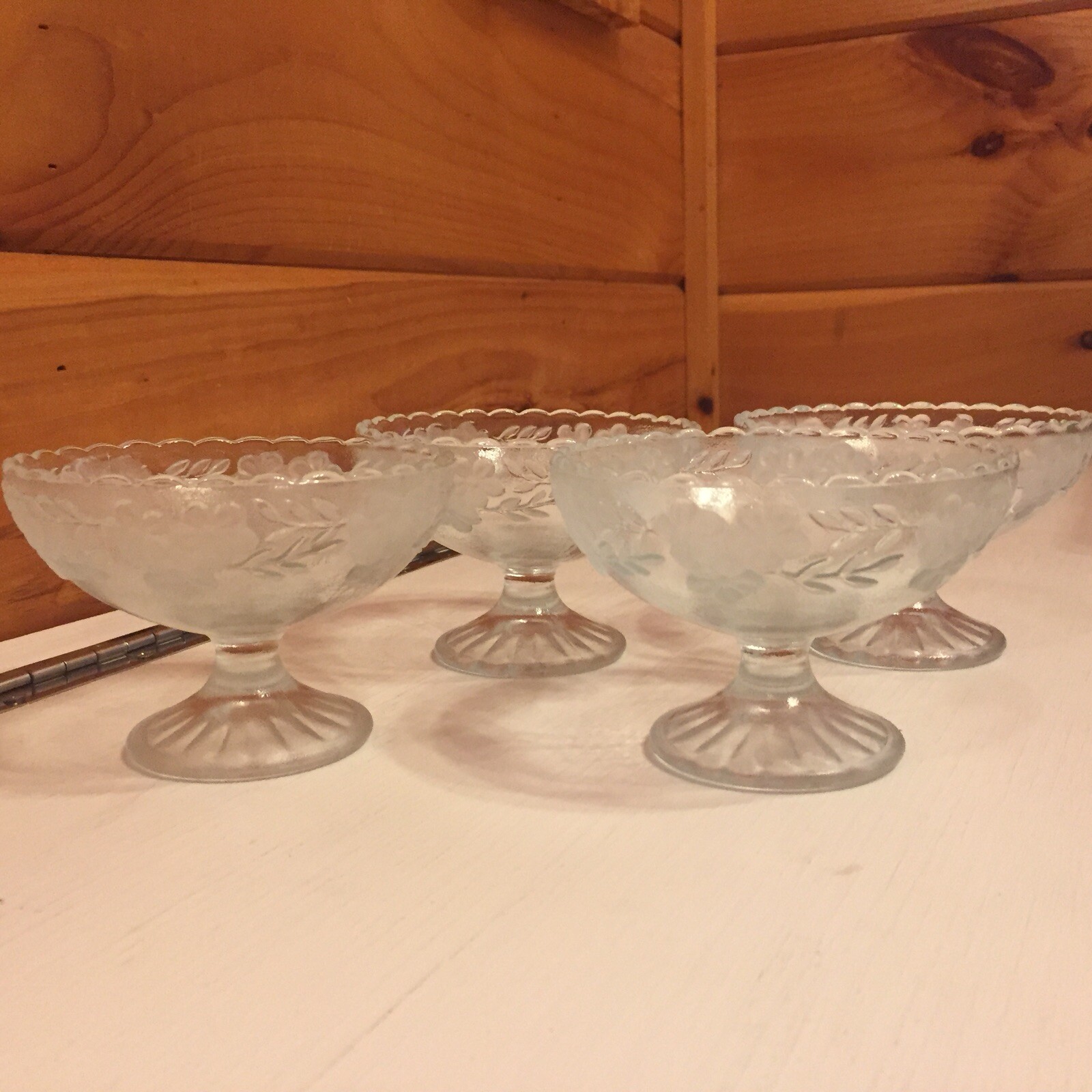 Vintage Glass Dessert Sherbert Bowls Cups Etched Frosted Flowers Grapes ...