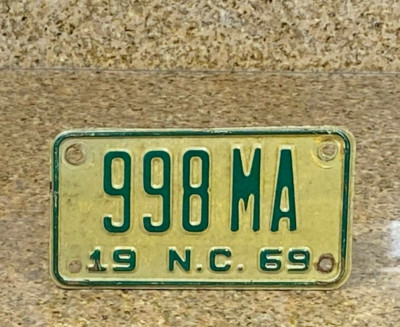 1969 North Carolina Motorcycle License Plate Tag # 998 MA EXPIRED 3yrs ...