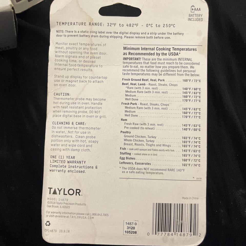 Taylor 14879 Programmable Digital Wired Probe Thermometer Stainless ...
