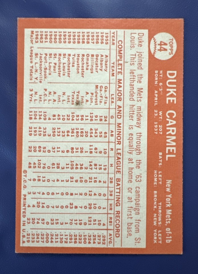 1964 TOPPS #44 DUKE CARMEL NEW YORK METS *FREE SHIPPING* | eBay