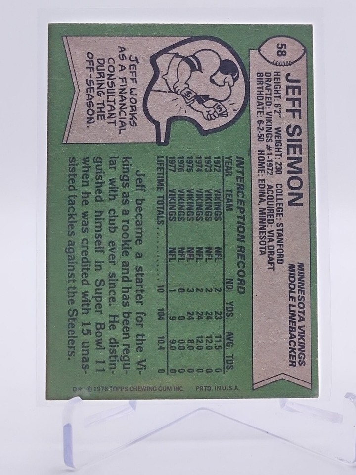 1978 Topps Jeff Siemon Vintage Football Card #58 Minnesota Vikings NFL ...