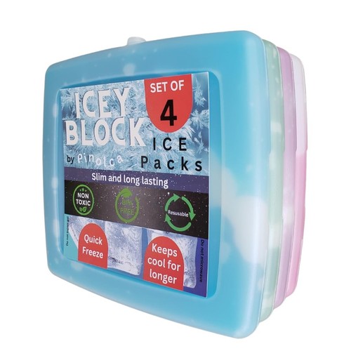 Icey Block, Set of 4 Pack Slim Reusable Ice Packs for Lunch Bags, Boxes ...