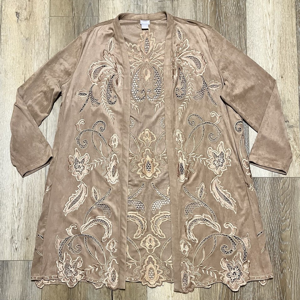 CHICO'S Faux Suede Floral Embroidered Kimono Cardigan Duster Long L/XL ...