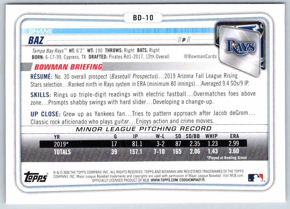 2020 Bowman Shane Baz #BD-10 Baseball Card | eBay