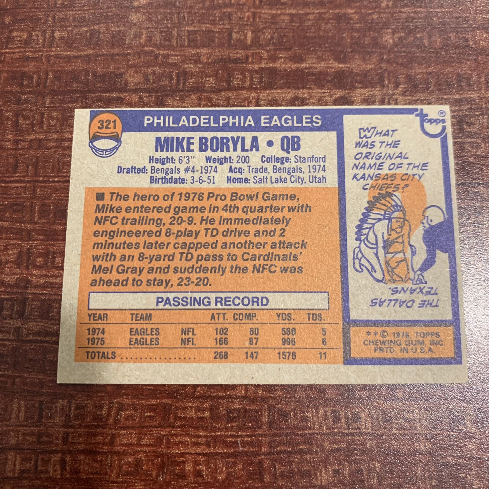 1976 Topps Mike Boryla # 321 Philadelphia Eagles Football Card NFL | eBay