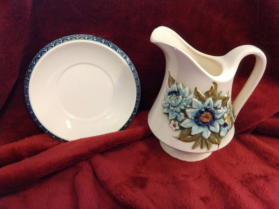 Vintage Hand painted Tilso Japan Pitcher And Plate Set Blue Flowers ...