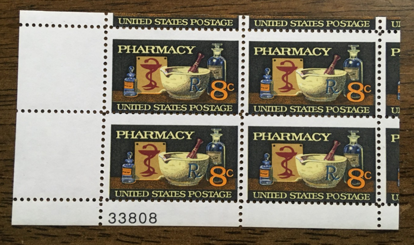 Pharmacy 8 cent #1473 plate block of 4 stamps perf. Shifted down error ...