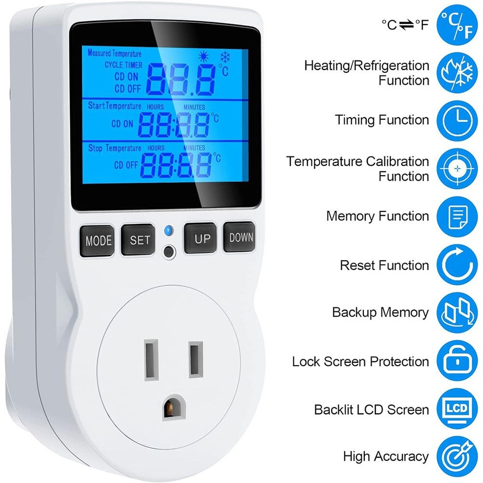 Digital Thermostat Outlet Plug Temperature Controller Heating Cooling ...