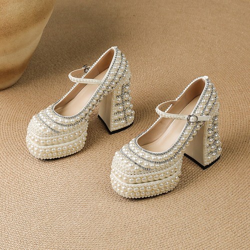 Womens Pearls Platform Buckle High Block Heels Wedding Party ...