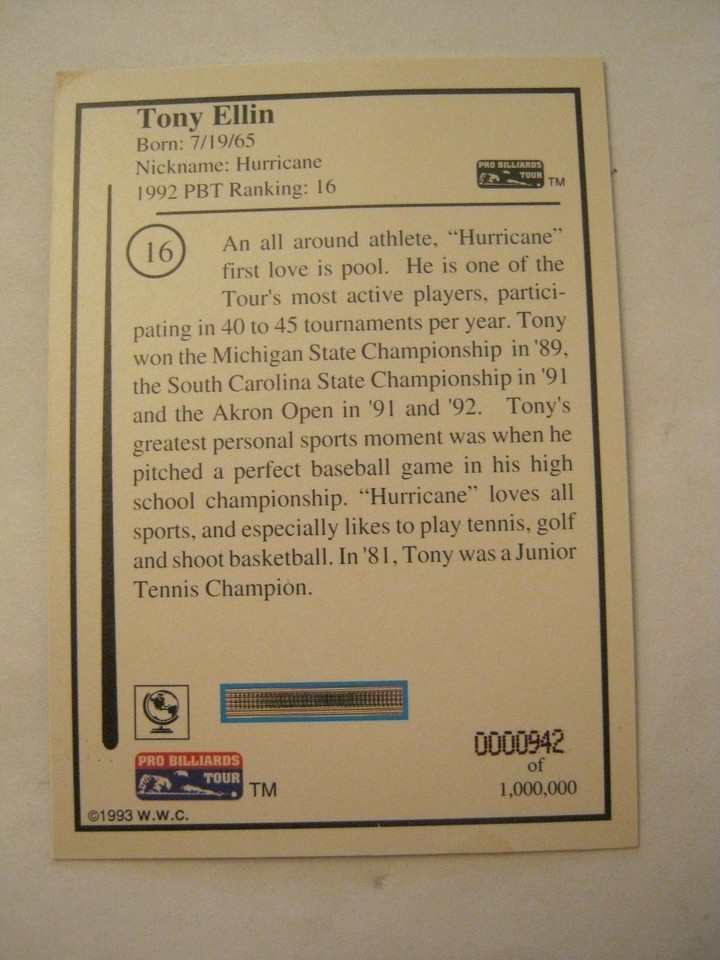 Tony Ellin 1993 Pro Billiards Tour, Portrait, Card #16 (MS-15) | eBay