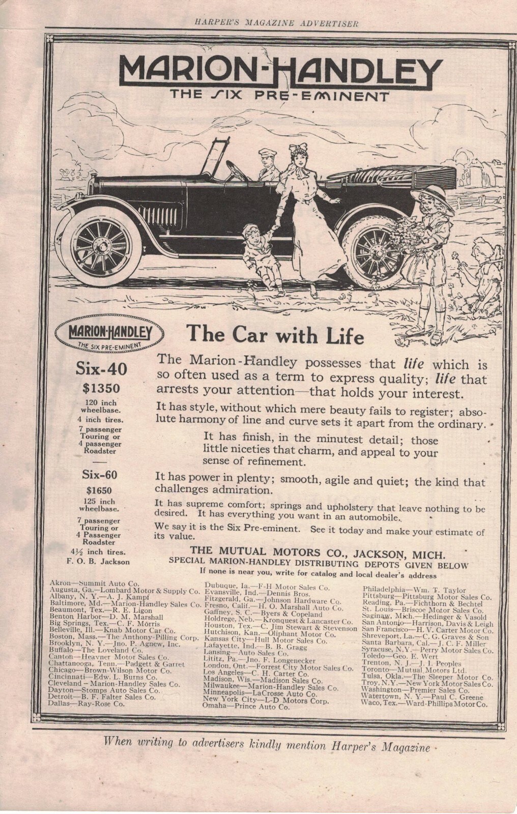 1917 Marion - Handley 5 passenger Touring original ad from Harper's ...