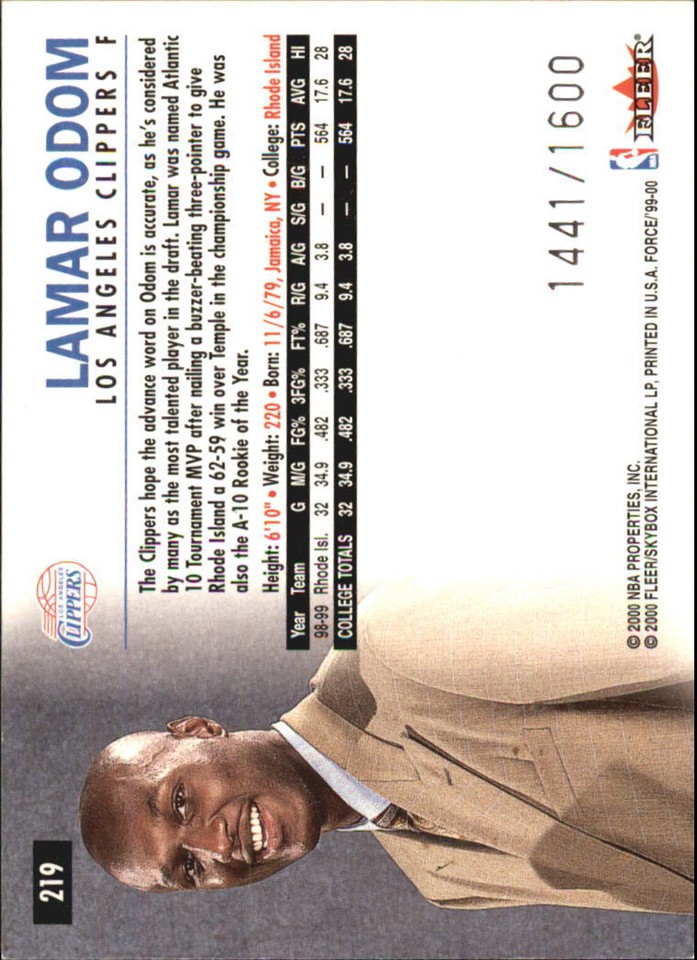 1999-00 Fleer Force #219 Lamar Odom Los Angeles Clippers Rookie Card ...