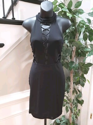 Bebe Womens Black Lace Up Front Halter Neck Back Zip Bodycon Dress Size ...