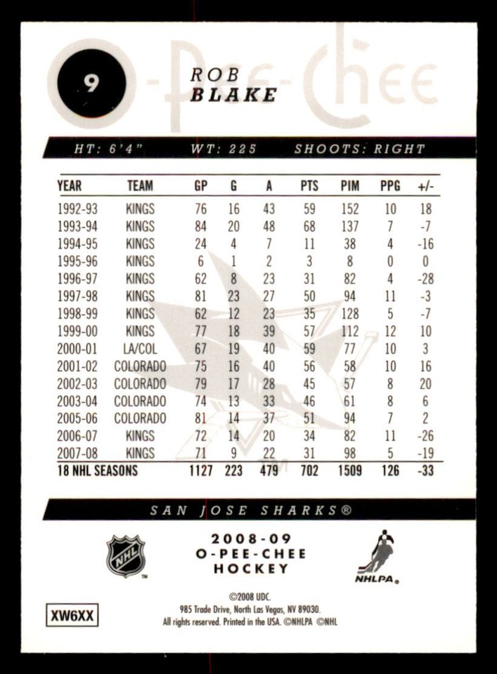 2008-09 O-Pee-Chee Metal #9 Rob Blake San Jose Sharks | eBay