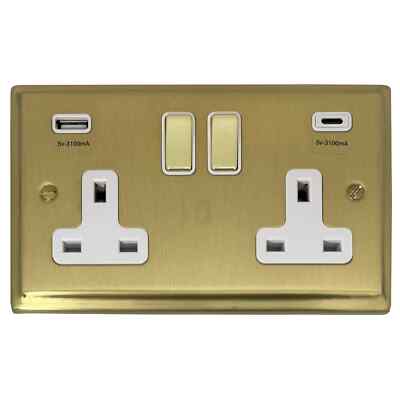 G&H DSB2911 Deco Plate Brushed Brass Double 13A Plug Socket 3.1A USB A ...