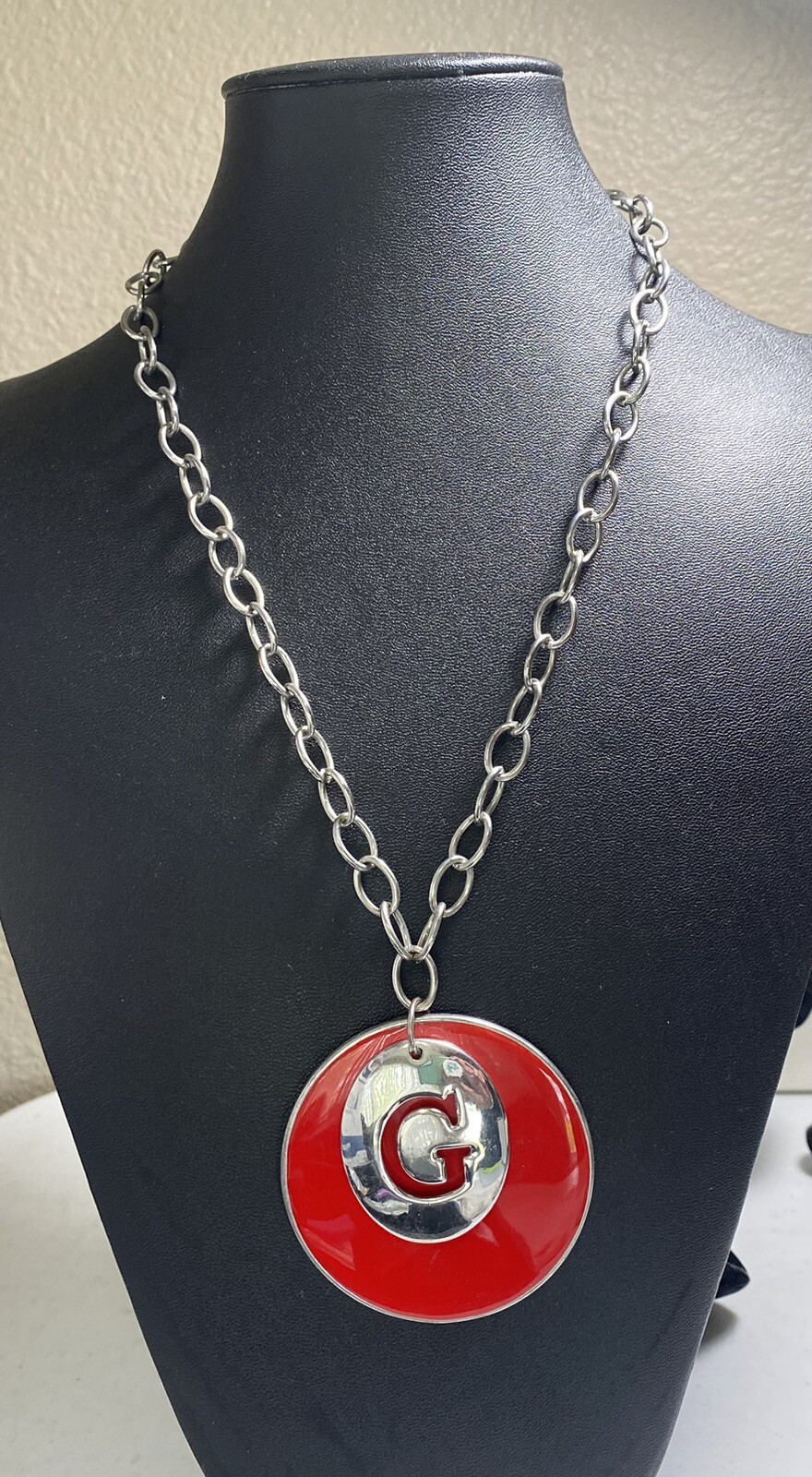 Signed GUESS Silver Tone Chain w/ G Over Red Enamel M… - Gem