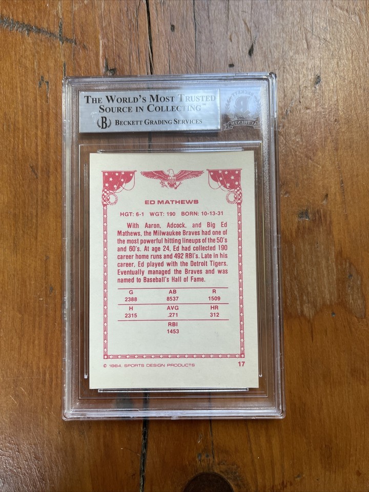 1984-85 Sports Design Eddie Mathews Auto Signed Card Beckett Certified ...