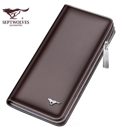 Septwolves men cow leather wallet purse zip bag Clutch pocket brown ...