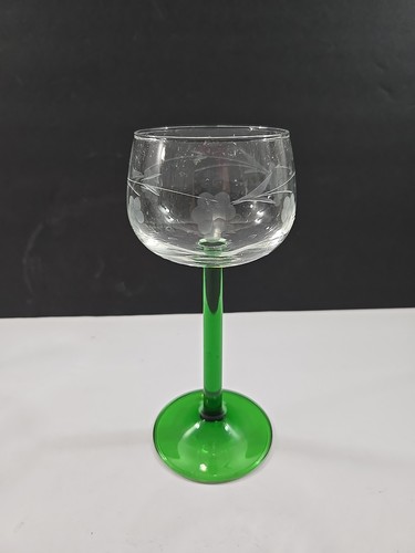 Emerald Green Stemmed Rhine Wine Glass Clear Etched Floral 6 3/8" | eBay