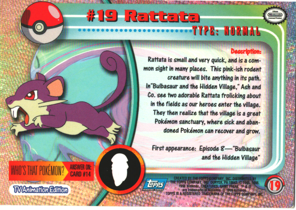 Rattata #19 Blue Logo 1st Print - 1999 Pokemon Topps TV Animation ...