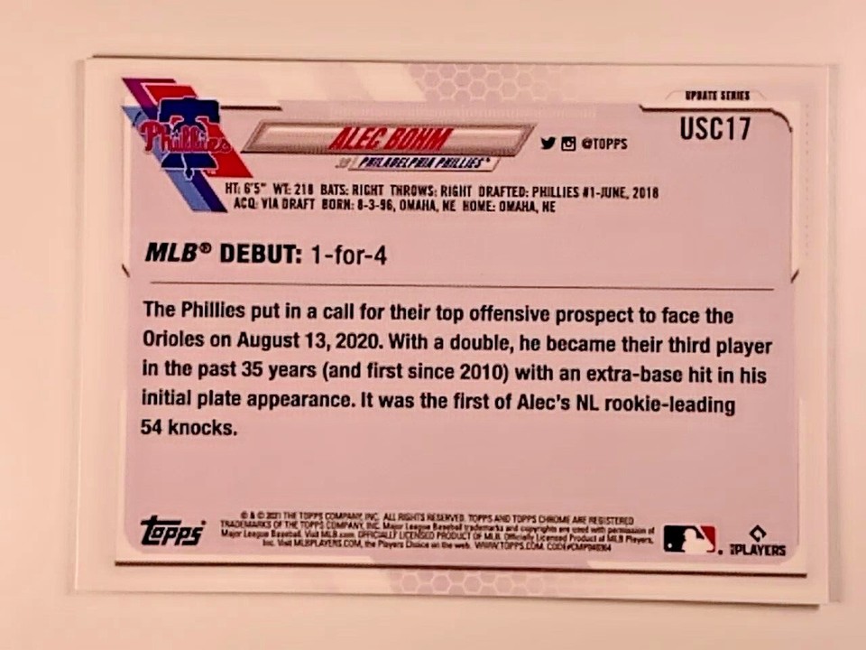 Alex Bohm ROOKIE 2021 Topps Chrome Update ROOKIE Debut RC #USC17 ...