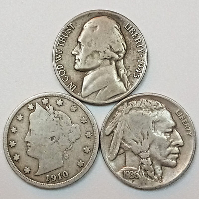 US COINS- Silver WW2 Nickel, Liberty Nickel, Buffalo Nickel- 3 Coin Set ...