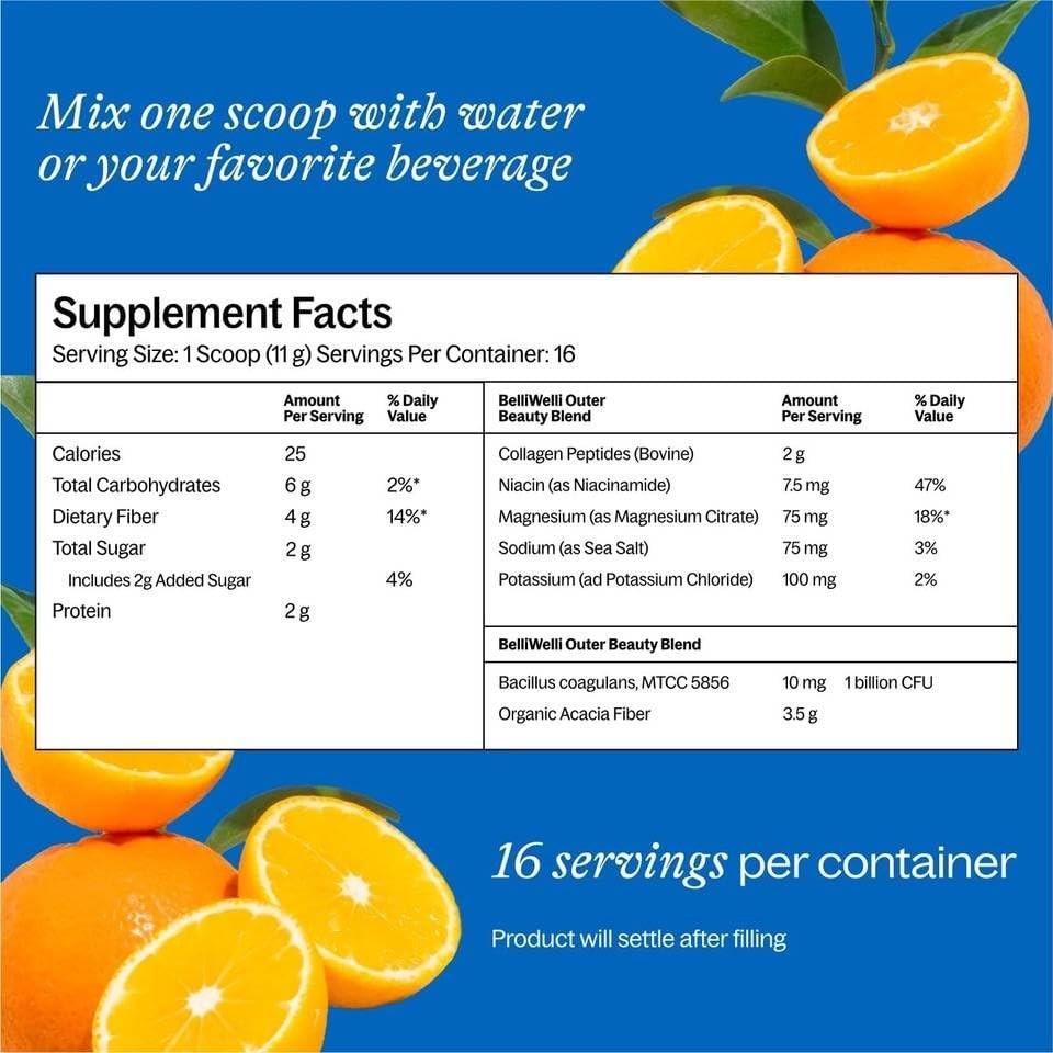 BelliWelli Fiber Powder Organic Acacia Collagen Probiotics Orange Yuzu ...