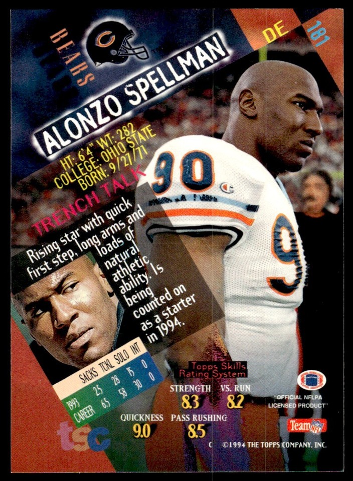 1994 STADIUM CLUB SUPER BOWL XXIX ALONZO SPELLMAN CHICAGO BEARS #181 ...