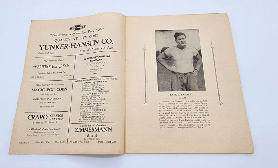 PHILADELPHIA EAGLES @ GREEN BAY PACKERS - NFL FOOTBALL PROGRAM - 1937 ...