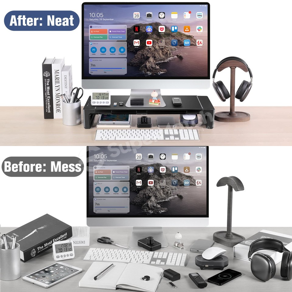 Computer Monitor Stand Riser Adjustable Laptop Shelf Drawer USB ...